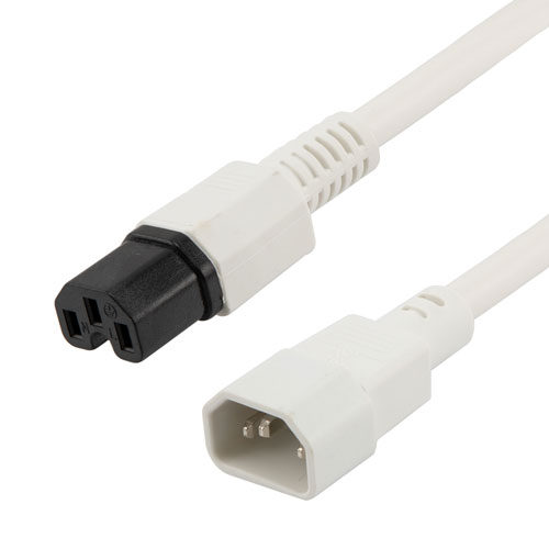 High Temperature Power Cord, IEC C14 to IEC C15, 15 A, 1 foot, White